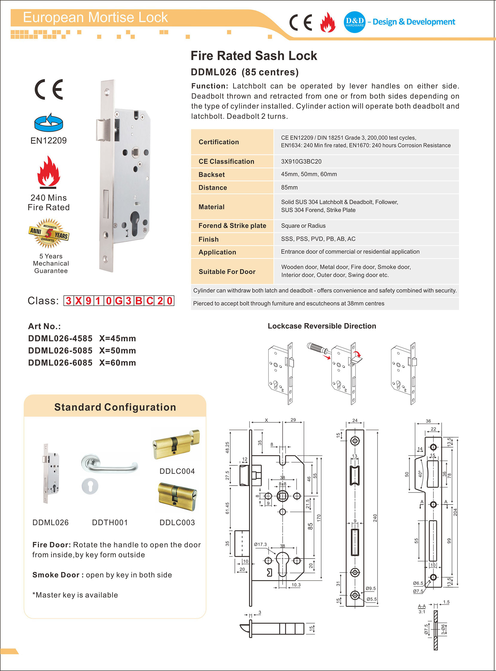 CE SS304 Fire Rated Sash Door Lock-DDML026 from China manufacturer - D ...