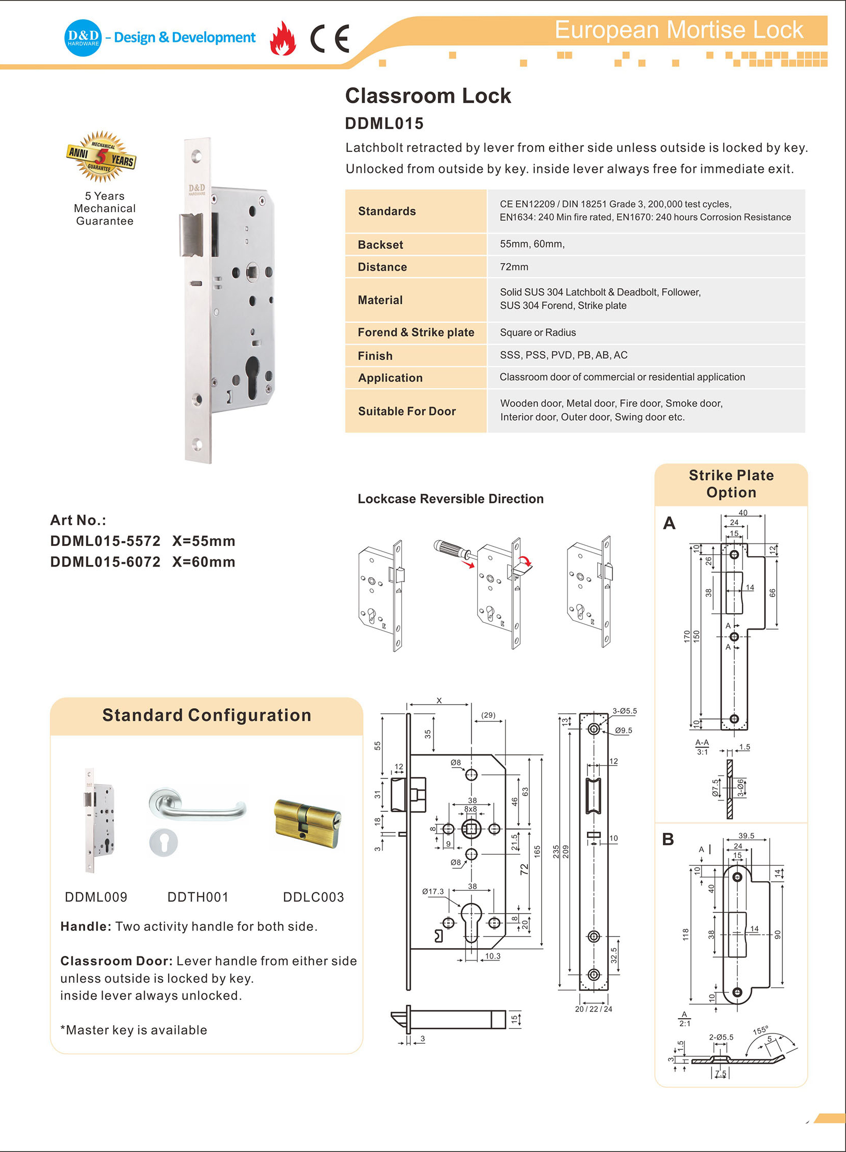 CE SS304 Classroom Lock -DDML015 from China manufacturer - D&D HARDWARE
