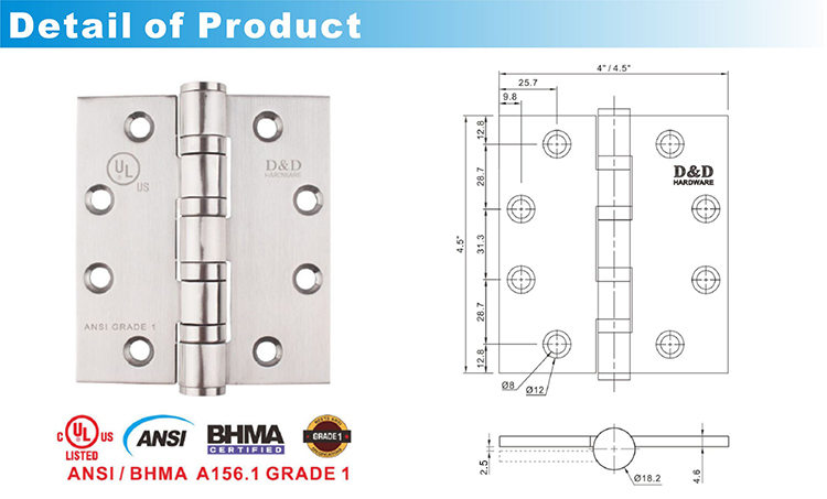 ANSI / BHMA Fire Rated Hinge SS304 UL 4 BB Butt Hinge- 4.5x4.5x4.6mm ...