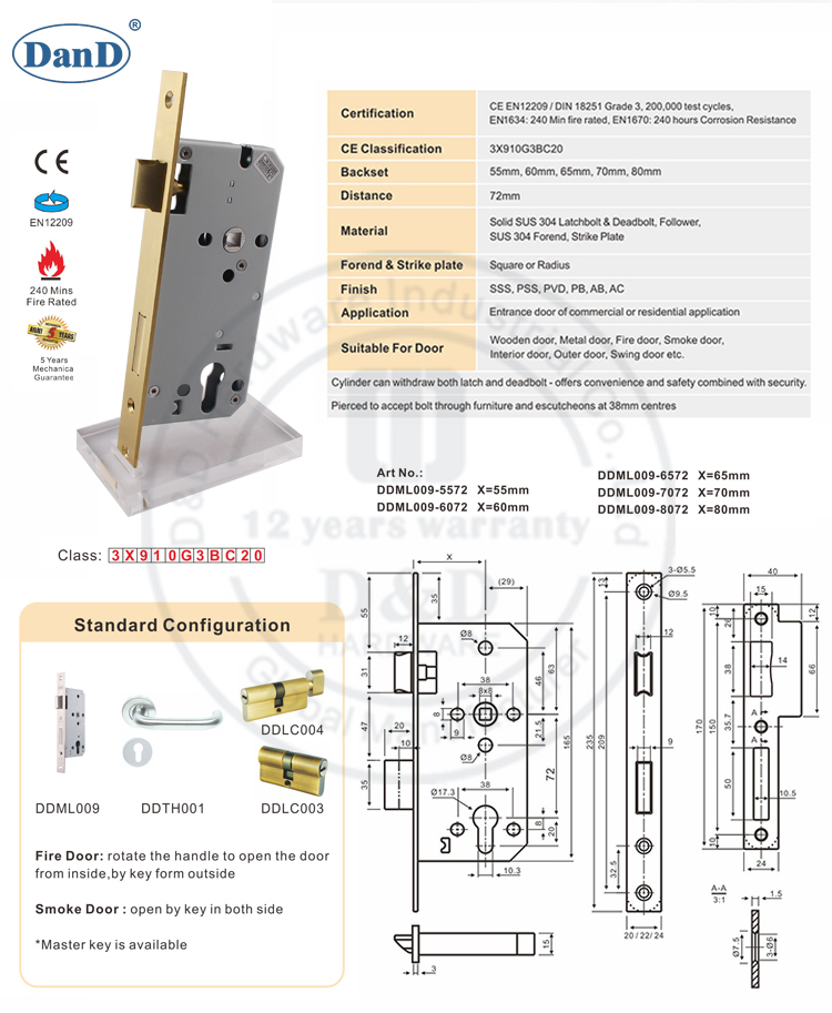 BS EN12209 Satin Brass Fire Rated Security Sash Door Lock-DDML009 from ...