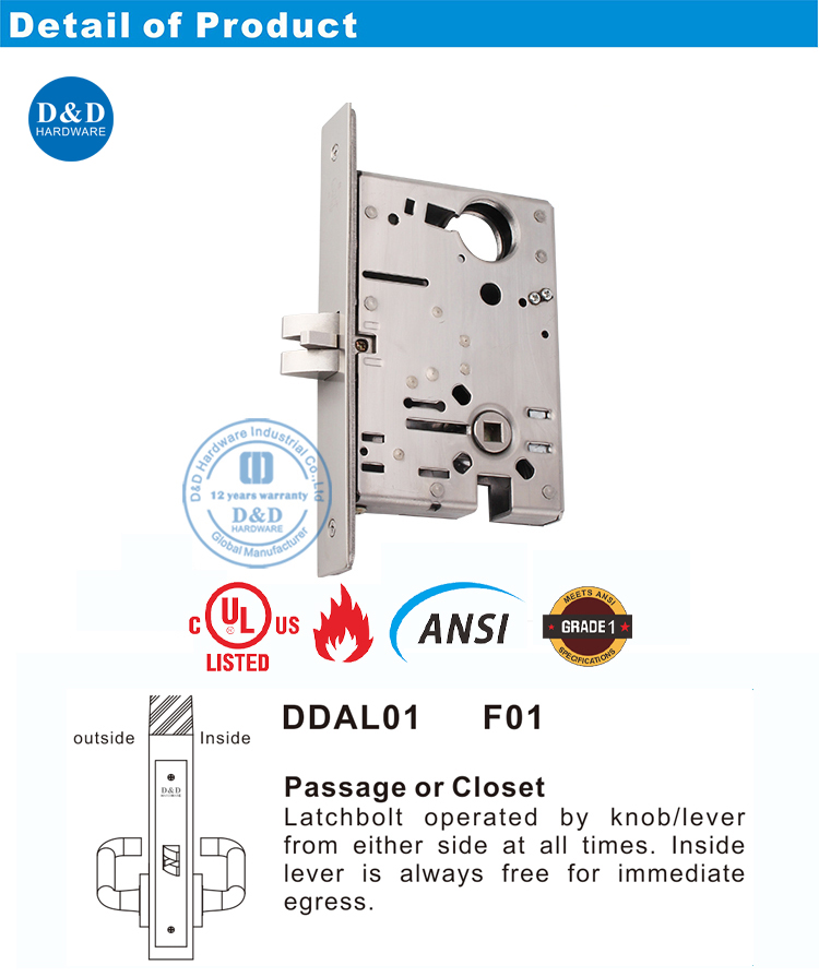 Latchbolt Operated by Knob/ Lever ANSI UL Passage Door Lock -DDAL01 F01 ...