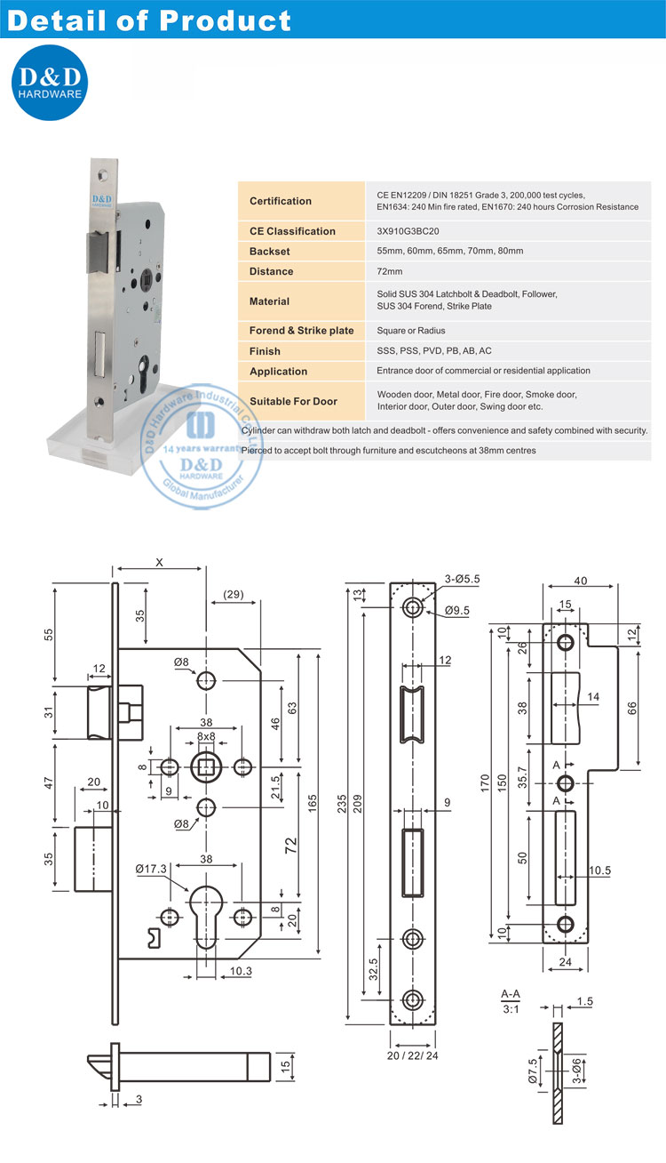 SUS304 China Factory One Turn Escape Door Lock for Euro Market-DDML009 ...