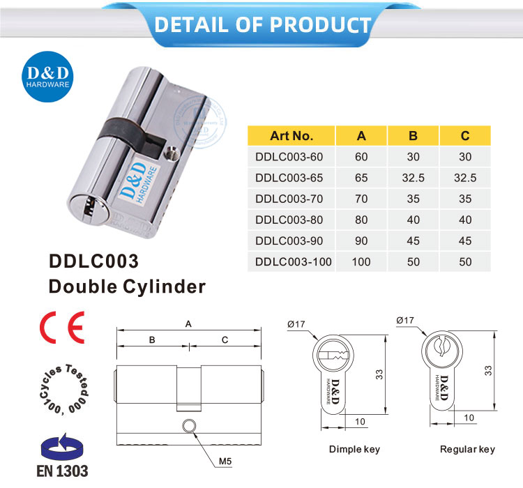 High Security 60mm Double Cylinder Euro Profile EN1303 Brass Mortise ...