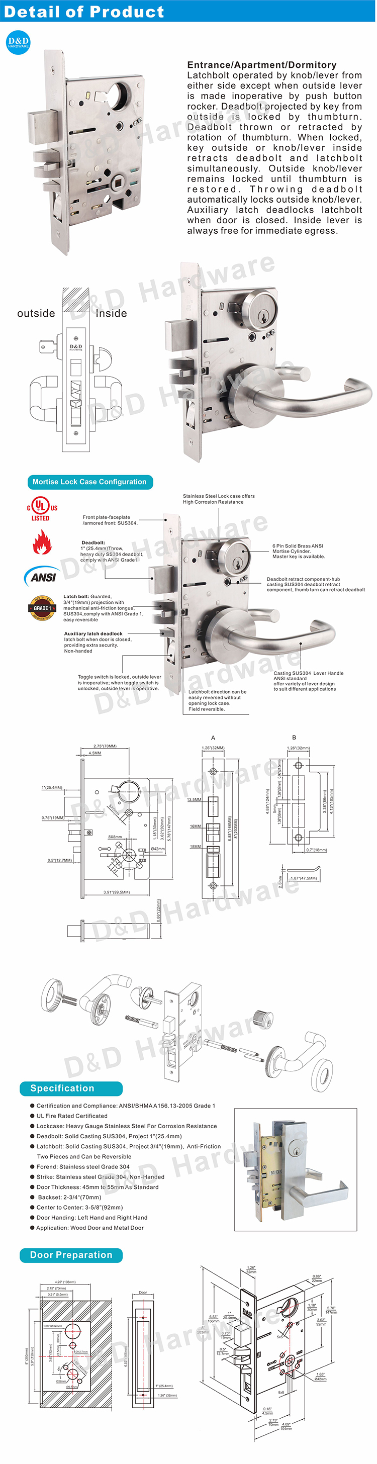 Stainless Steel 304 Dormitory Door Lock UL ANSI Grade 1 Deadbolt Lock ...