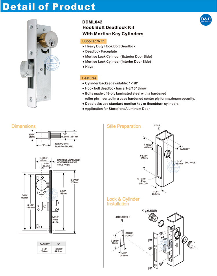Stainless Steel Hook Bolt Deadlock Kit with Mortise Key Cylinders ...