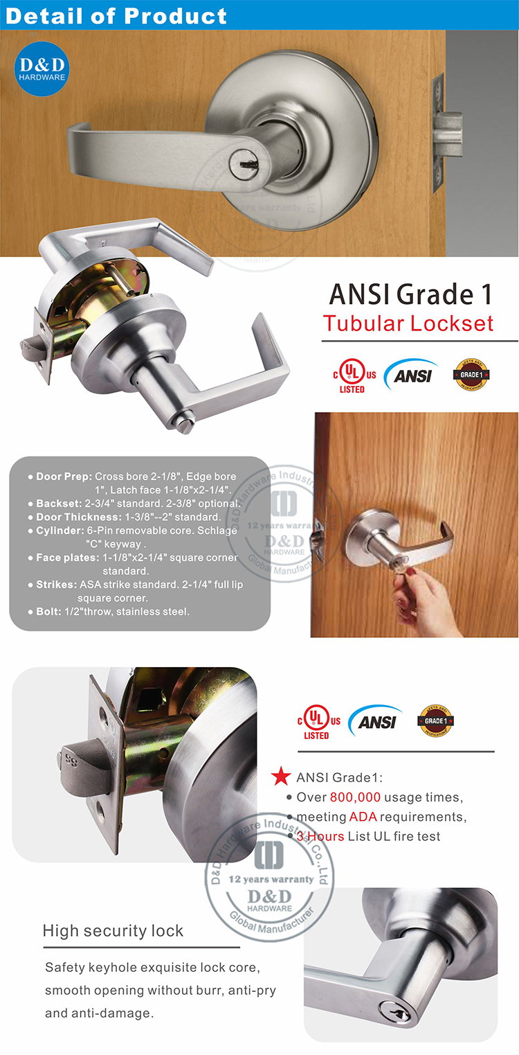 UL Listed ANSI Grade 1 Zinc Alloy Fire Resistant Tubular Lockset ...
