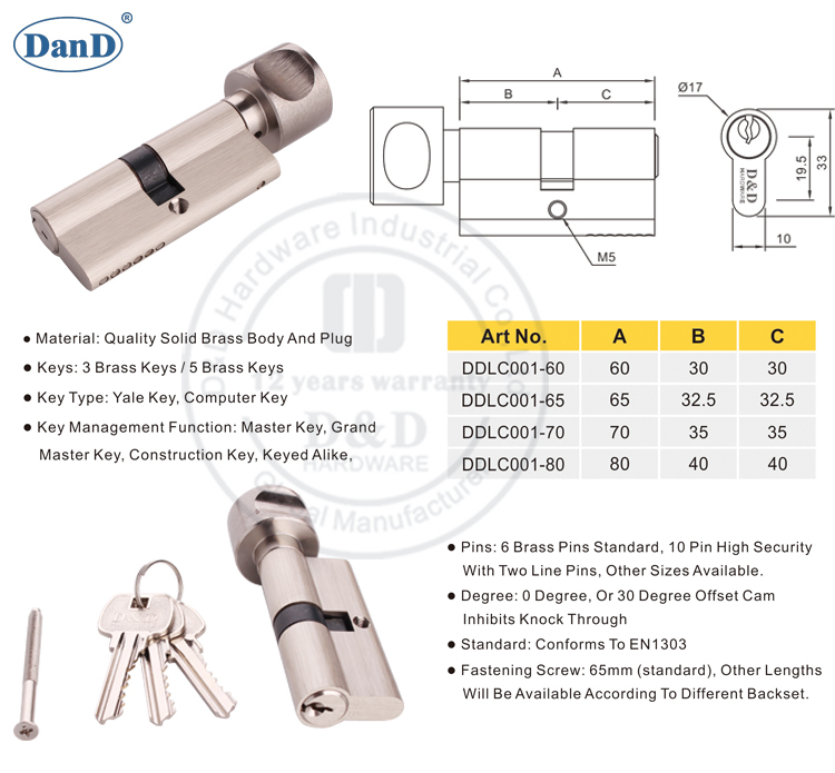 BS EN1303 Solid Brass Key and Turn Lock Cylinder-DDLC001 from China ...
