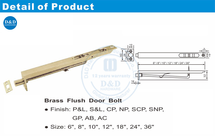 Long Hidden Solid Brass Flush Bolt Hardware for Exterior Door-DDDB003 ...